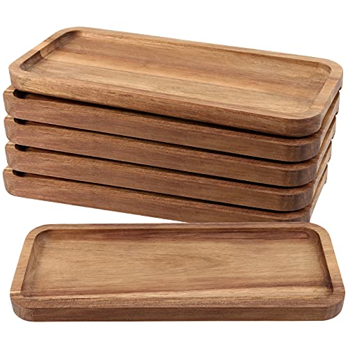 FUNSUEI 11.8 x 5.1 Inches Set of 6 Wooden Serving Platters, Acacia Wooden Serving Trays with Grooved Handle Design, Rectangular Wooden Platters for Fruit, Cookie, Bread, Vegetable, Salad