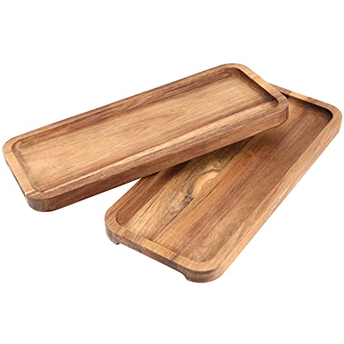 FUNSUEI 11.8 x 5.1 Inches Set of 6 Wooden Serving Platters, Acacia Wooden Serving Trays with Grooved Handle Design, Rectangular Wooden Platters for Fruit, Cookie, Bread, Vegetable, Salad