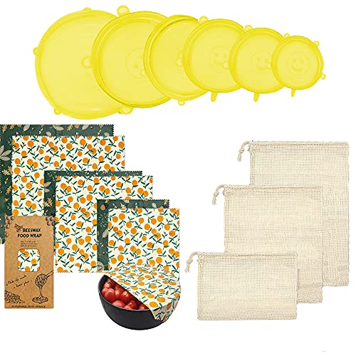 15 Pack - Eco-Friendly, Reusable, & Washable Container Set of Beeswax Food Wraps, Airtight Silicone Lids & Natural Kitchen Produce Bags | 6 - Beeswax Wraps, 6 - Silicone Lids and 3 - Produce Bags (All in different sizes)