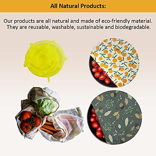 15 Pack - Eco-Friendly, Reusable, & Washable Container Set of Beeswax Food Wraps, Airtight Silicone Lids & Natural Kitchen Produce Bags | 6 - Beeswax Wraps, 6 - Silicone Lids and 3 - Produce Bags (All in different sizes)