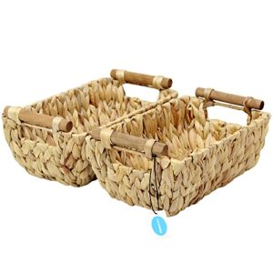 casaphoria small square irregular hyacinth storage baskets natural hand woven water hyacinth snacks fruits basket durable trapezoid sundries baskets with built-in wooden handles towel basket，2-pack