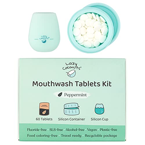 Lazy Coconuts Mouthwash Tablets Kit - with Silicon Cup and Travel Container - Effervescent with Peppermint and Baking Soda - Fluoride Free, Alcohol-Free, Vegan, Solid Mouthwash - Great Kids Mouthwash