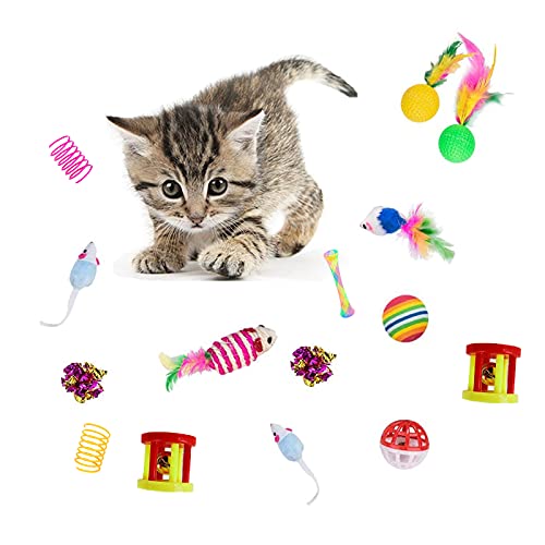 32Pcs Cat Toys Kitten Interactive Pet Toys Assortments, Foldable Rainbow Tunnel, Cat Feather Teaser Wand Interactive Feather Toy Fluffy Mouse Crinkle Balls Bell Play for Cat Puppy Kitty Kitten (3 way)