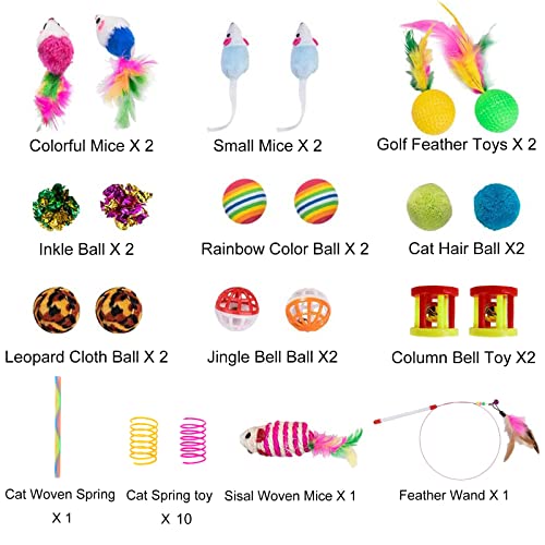 32Pcs Cat Toys Kitten Interactive Pet Toys Assortments, Foldable Rainbow Tunnel, Cat Feather Teaser Wand Interactive Feather Toy Fluffy Mouse Crinkle Balls Bell Play for Cat Puppy Kitty Kitten (3 way)