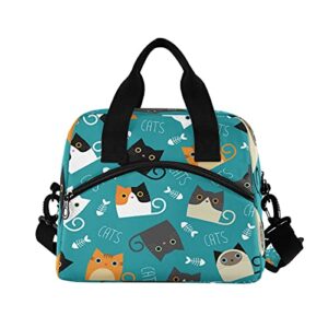 Lunch Bag Box Colorful Cats Fish Bone Insulated Cooler Lunch Tote Bag Container Snacks Organizer for Women Men Adult Office Work Picnic Hiking