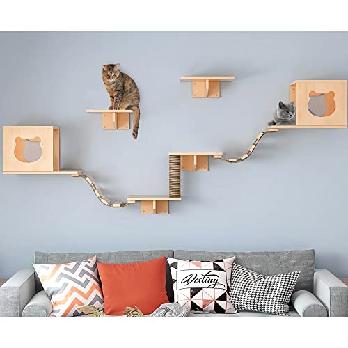 PETKABOO Cat Wall Furniture, Cat Wall Shelves, Floating Cat Wood Climb Furniture, Cat Wall-Mounted Playing Climber, 2 Cat Houses & 4 Cat Shelves & 2 Ladders & 1 Cat Scratching Post