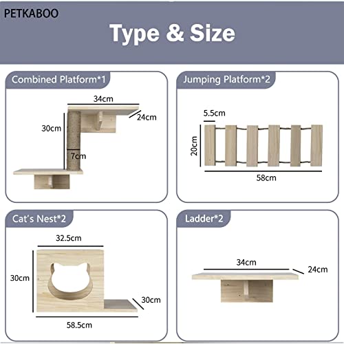 PETKABOO Cat Wall Furniture, Cat Wall Shelves, Floating Cat Wood Climb Furniture, Cat Wall-Mounted Playing Climber, 2 Cat Houses & 4 Cat Shelves & 2 Ladders & 1 Cat Scratching Post