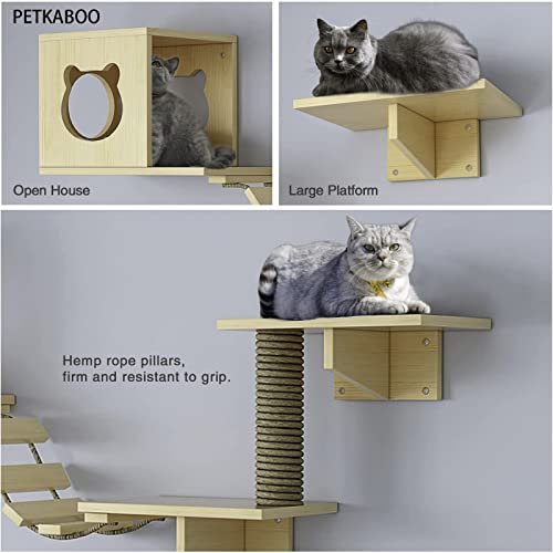 PETKABOO Cat Wall Furniture, Cat Wall Shelves, Floating Cat Wood Climb Furniture, Cat Wall-Mounted Playing Climber, 2 Cat Houses & 4 Cat Shelves & 2 Ladders & 1 Cat Scratching Post