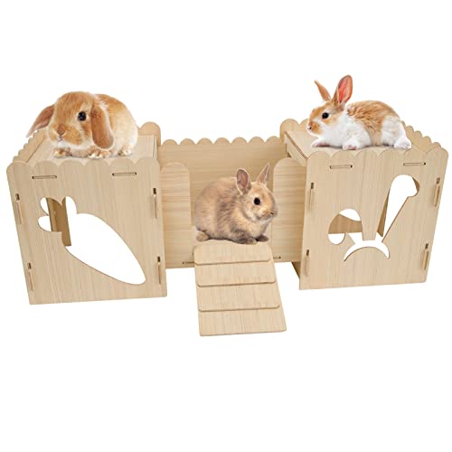 Biggun Wooden Rabbit Castle Hideout Tunnel Playhouse- Large Handmade Bunny Rabbit Castle Small Animal Rest and Play House with Ladder & Tunnel for Chinchilla Guinea Pig Hamster Hideout Habitat