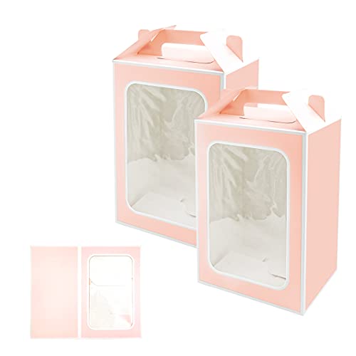 Large Gift Boxes, 10 Pcs Tote Paper Bags with Transparent Window, 9.8 x 7 x 5.1" Flower Bouquet Paper Gift Bags with Handles, Wedding Party Bags - Pink