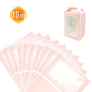 Large Gift Boxes, 10 Pcs Tote Paper Bags with Transparent Window, 9.8 x 7 x 5.1" Flower Bouquet Paper Gift Bags with Handles, Wedding Party Bags - Pink