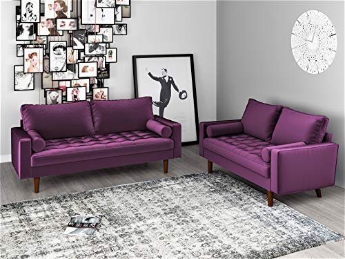 Container Furniture Direct Womble Modern Velvet Upholstered Living Room Diamond Tufted Chesterfield Loveseat with Gleaming Nailheads, Purple