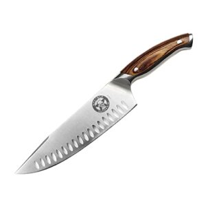 ergo chef guy fieri knuckle sandwich 8-inch chef's knife 8081 premium 7cr17mov stainless steel blade hollow ground blade custom style tip, ergonomic pakkawood handle