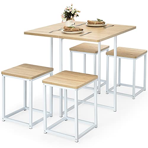 KOTEK Dining Table Set for 4, Kitchen & Dining Room Table Sets with 4 Square Stools, Metal Frame, 5 Piece Compact Kitchen Table and Chairs for Small Space (Beige & White)