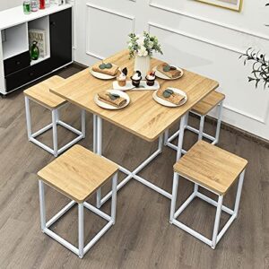 KOTEK Dining Table Set for 4, Kitchen & Dining Room Table Sets with 4 Square Stools, Metal Frame, 5 Piece Compact Kitchen Table and Chairs for Small Space (Beige & White)