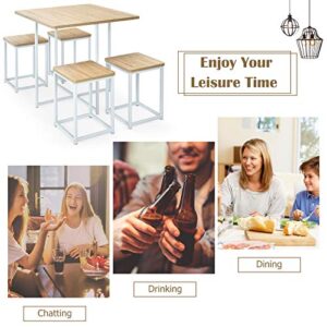 KOTEK Dining Table Set for 4, Kitchen & Dining Room Table Sets with 4 Square Stools, Metal Frame, 5 Piece Compact Kitchen Table and Chairs for Small Space (Beige & White)