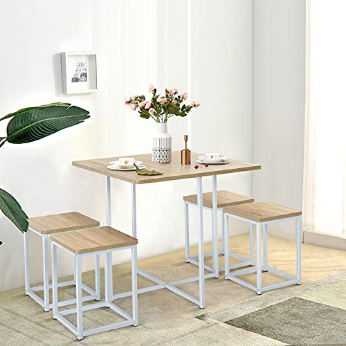 KOTEK Dining Table Set for 4, Kitchen & Dining Room Table Sets with 4 Square Stools, Metal Frame, 5 Piece Compact Kitchen Table and Chairs for Small Space (Beige & White)