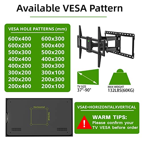 USX MOUNT 37-90 inch Full Motion TV Wall Mount, Fits 24" Wood Studs, Wall Mount TV Bracket with Smooth Swivel, Tilt, Extension, Holds up to 132lbs, Max VESA 600x400mm, Includes Wall Drilling Template