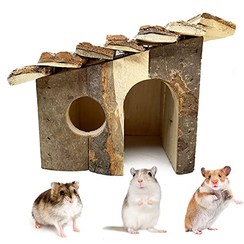 kathson Hamster Wooden House, Small Pet Hideout Climbing Play Hut Natural Wood with Bark Hideaway House for Dwarf Hamster, Mouse, Rat,Gerbil and Other Small Animals