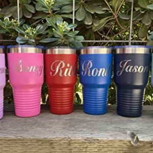 Your Name Text Engraved, Stainless Steel Tumbler, Customized cups, Double Wall Vacuum Insulated Mug Hot Cold Drink With Lid, Straw Option - 16 Different Colors (30oz, Personalize Name, Pink)