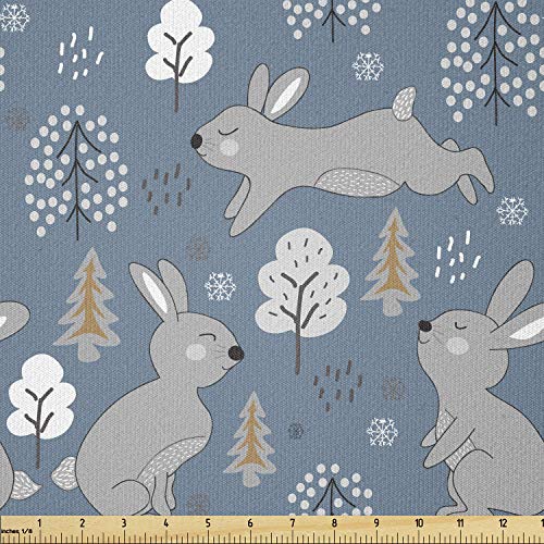 Ambesonne Bunny Fabric by The Yard, Continuous Pattern Trees and Rabbits Snowflakes, Stretch Knit Fabric for Clothing Sewing and Arts Crafts, 2 Yards, Blue Grey Pale Taupe