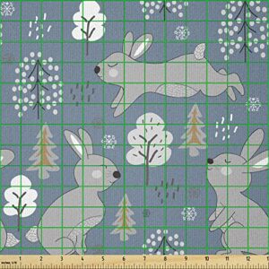 Ambesonne Bunny Fabric by The Yard, Continuous Pattern Trees and Rabbits Snowflakes, Stretch Knit Fabric for Clothing Sewing and Arts Crafts, 2 Yards, Blue Grey Pale Taupe