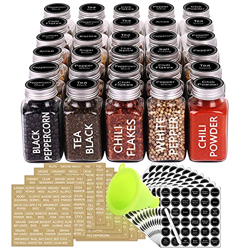 SWOMMOLY 30 Glass Spice Jars 6 oz Empty Square Spice Bottles with 703 Spice Labels, Chalk Marker and Funnel Complete Set. 30 Spice Containers with Airtight Cap, Pour/sift Shaker Lid