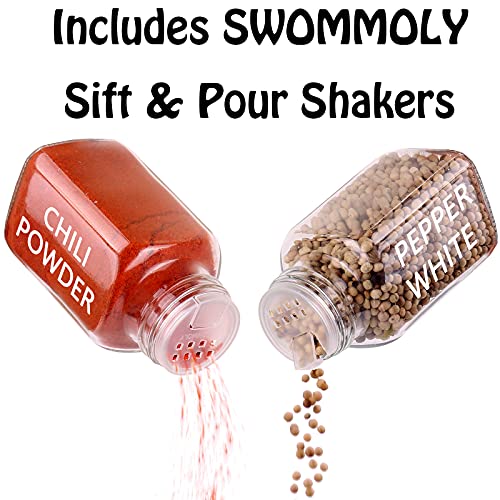 SWOMMOLY 30 Glass Spice Jars 6 oz Empty Square Spice Bottles with 703 Spice Labels, Chalk Marker and Funnel Complete Set. 30 Spice Containers with Airtight Cap, Pour/sift Shaker Lid