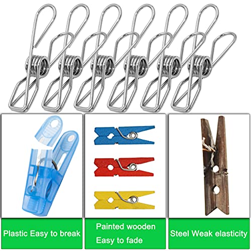 QingLHC Clothes Pegs Metal, Clothes Pins and Hooks Stainless Steel for Home Office Baby Kitchen Travel, Silver, LHC027