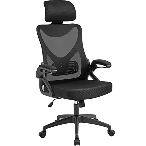 Yaheetech Ergonomic Mesh Office Chair, High Back Desk Chair with with flip-up Armrests, Adjustable Padded Headrest Computer Chair with Lumbar Support for Home Oiffce Game Room, Black