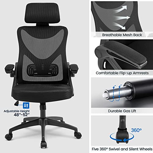 Yaheetech Ergonomic Mesh Office Chair, High Back Desk Chair with with flip-up Armrests, Adjustable Padded Headrest Computer Chair with Lumbar Support for Home Oiffce Game Room, Black