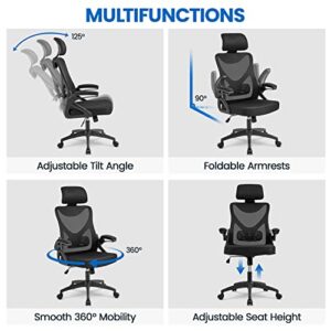 Yaheetech Ergonomic Mesh Office Chair, High Back Desk Chair with with flip-up Armrests, Adjustable Padded Headrest Computer Chair with Lumbar Support for Home Oiffce Game Room, Black