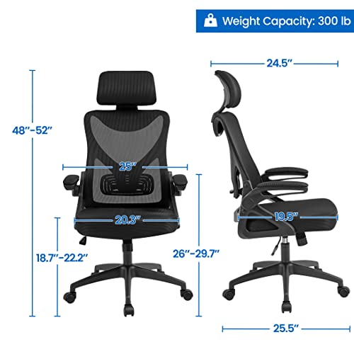 Yaheetech Ergonomic Mesh Office Chair, High Back Desk Chair with with flip-up Armrests, Adjustable Padded Headrest Computer Chair with Lumbar Support for Home Oiffce Game Room, Black