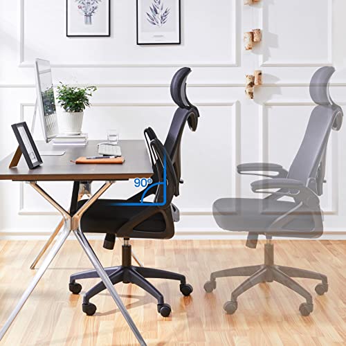 Yaheetech Ergonomic Mesh Office Chair, High Back Desk Chair with with flip-up Armrests, Adjustable Padded Headrest Computer Chair with Lumbar Support for Home Oiffce Game Room, Black