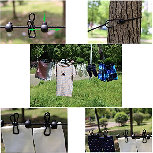 QingLHC Clothespins Clip, Clothesline Windproof, Adjustable Washing Clothes Drying Line Rope with Clips for Camping Travel Outdoor, Black