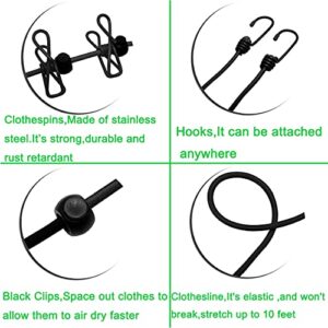 QingLHC Clothespins Clip, Clothesline Windproof, Adjustable Washing Clothes Drying Line Rope with Clips for Camping Travel Outdoor, Black