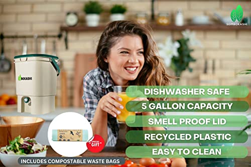 Bokashi Compost Starter Kit - Includes 2.2lb's Organic Bran, 2 Airtight Bins, Masher, Strainer, Cup for Compost Tea, and Detailed Composting Instructions. Attractive Kitchen Compost Bin.