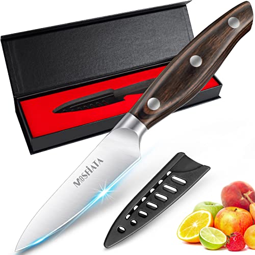 MOSFiATA Paring Knife 3.5 Inch Fruit Peeling Knife, 5Cr15Mov High Carbon Stainless Steel Sharp Knife with Ergonomic Pakkawood Handle, Full Tang Fruit Cutting Carving Knife with Sheath for Kitchen