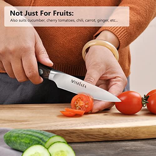 MOSFiATA Paring Knife 3.5 Inch Fruit Peeling Knife, 5Cr15Mov High Carbon Stainless Steel Sharp Knife with Ergonomic Pakkawood Handle, Full Tang Fruit Cutting Carving Knife with Sheath for Kitchen