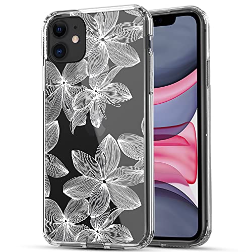 RANZ iPhone 11 Case, Anti-Scratch Shockproof Series Clear Hard PC+ TPU Bumper Protective Cover Case for iPhone 11 (6.1 inch) - White Flower