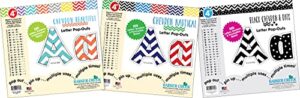 barker creek letter pop-out set of 3, 4" chevron, mixed-design, 255 upper and lowercase letters, numbers, and punctuation marks in each of 3 designs, 765 characters total (4303)