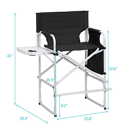 ABACAD Tall Director Chair Foldable, Portable Makeup Artist Chair Bar Height, Outdoors Folding Chair with Side Table Storage Bag Foot Rest, Black