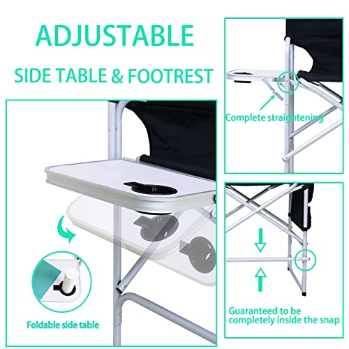 ABACAD Tall Director Chair Foldable, Portable Makeup Artist Chair Bar Height, Outdoors Folding Chair with Side Table Storage Bag Foot Rest, Black