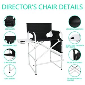 ABACAD Tall Director Chair Foldable, Portable Makeup Artist Chair Bar Height, Outdoors Folding Chair with Side Table Storage Bag Foot Rest, Black