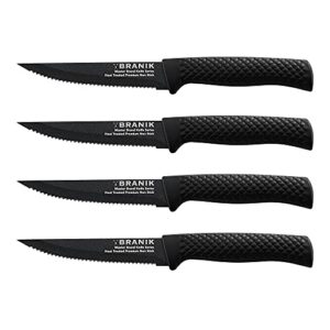 branik black steak knives set of 4, special non-stick coating on each of these steak knives making them dishwasher safe. this black steak knife set is razor-sharp, lightweight, and user-friendly.