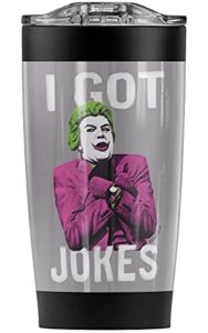 batman classic tv series the joker got jokes stainless steel tumbler 20 oz coffee travel mug/cup, vacuum insulated & double wall with leakproof sliding lid | great for hot drinks and cold beverages