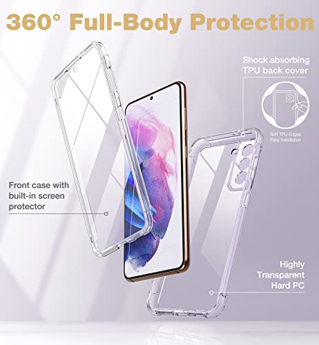 SURITCH Clear Case for Samsung Galaxy S21 5G,[Built in Screen Protector][Camera Lens Protection] Full Body Protective Hard Shell+Soft TPU Bumper Shockproof Rugged Cover for Galaxy S21 6.2" (Clear)