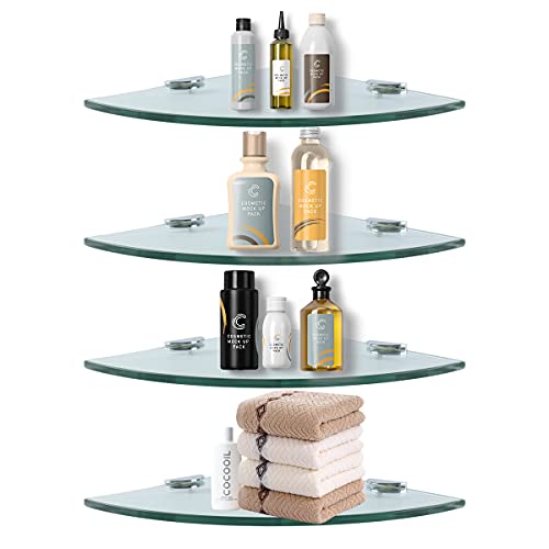 Corner Glass Shower Caddy 4 Pack 8MM-Thick Tempered Glass Shelf No Drilling Wall Mount Corner Mounted Shelves Space Saver Adhesive Bathroom Home Shelf Shampoo Holder Organizer Strong Adhesion