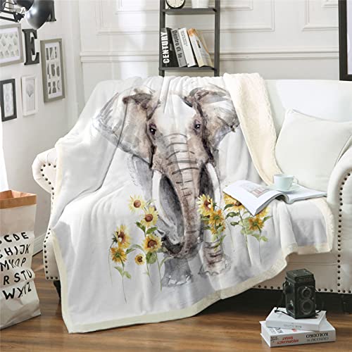 Elephant Sunflower Sherpa Fleece Throw Blanket, Elephant Gifts for Women Adults, Super Soft Elephant Blankets for Women Birthday, Warm Cozy Plush Bed Throws Blanket for Couch Sofa 60"x80"