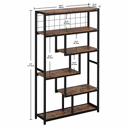 IRONCK Bookshelves and Bookcases 6-Shelf Etagere Bookcase, Industrial Open Display Shelves Geometric Bookcase with Sturdy Metal Frame,Vintage Brown